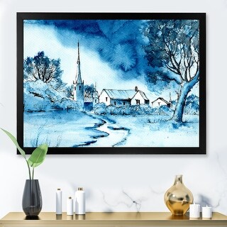 Designart "Landscape In Blue Tones Of A Small Town" Colonial Framed Art ...