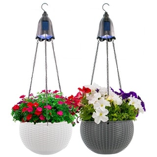 Solar Hanging Planter w/ LED Light Self-Watering Outdoor Flower Basket ...