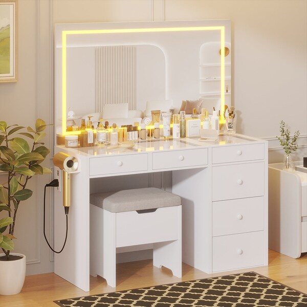 Javlergo Vanity Desk Set with LED Lighted Mirror & Power Javlergo Vanity Desk Set with LED Lighted Mirror & Power