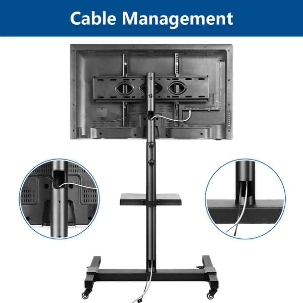 Black Rolling Mobile TV Cart Floor Mount TV Stand with Wheels and Shelf ...