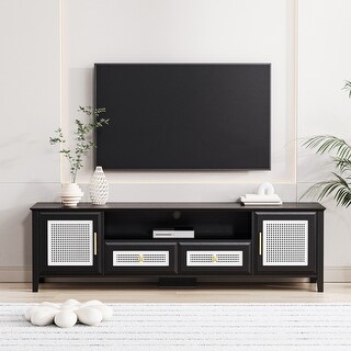 Wooden TV Stand Entertainment Center TV Console with Rattan Net Drawers ...