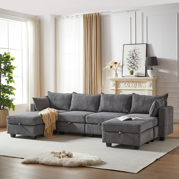 6 PCS Modular Sectional Sofa Couch Set 6 Seat Convertible Corduroy Sofa Bed with Storage Seats 2 Storage Ottomans DARK GREY Bed Bath Beyond 42070946