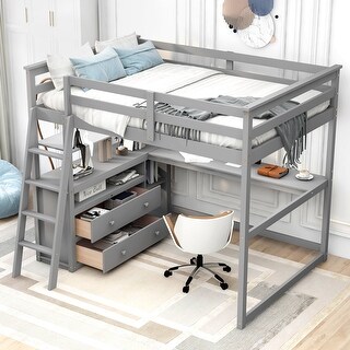 Gray Full Size Wood Loft Bed with 2 Built-in Drawers, Desk and Shelves - Bed Bath & Beyond ...