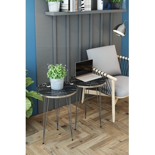 Set of 2 High Gloss Black Marble Silver Legs End Tables Round Wood ...