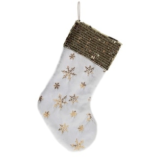 22" White and Gold Glitz Sequin Snowflakes Christmas Stocking - Bed ...