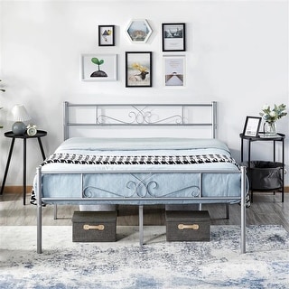 Queen Classic Metal Platform Bed Frame Headboard Silver - Bed Bath ...
