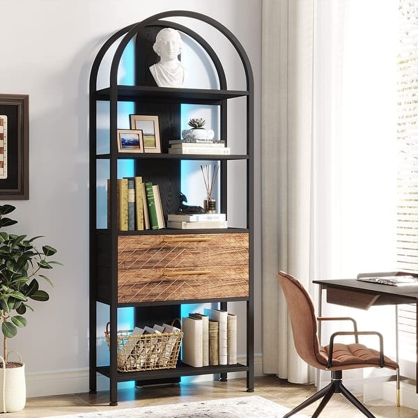 Bookshelf with LED Light and Drawers, 70.8" Tall Bookcase - On Sale ...