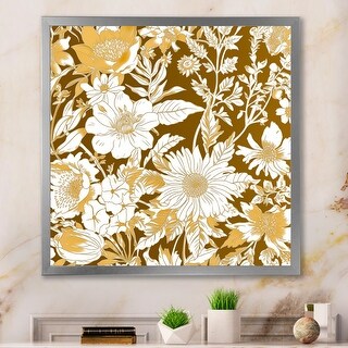 Designart "Floral Gold Glam Blossoming Wild White Roses I" Rose Framed ...