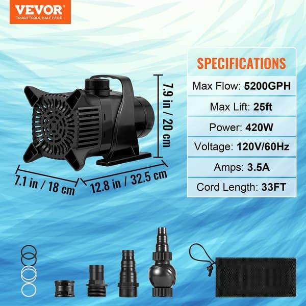 VEVOR Submersible Water Pump 5200-8000 GPH Cyclone Pond Pump with 25-26 ...