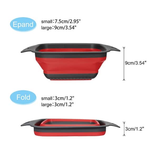 Collapsible Colander Set, 2 Size Silicone Square Foldable Strainer - Red - 29cm x 22cm x 9cm ...