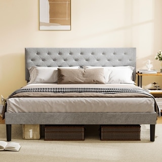 Simple Wood Slat Support Platform Bed Frame Adjustable Headboard Bed ...