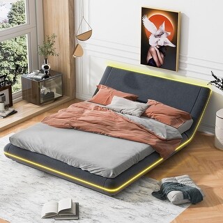 Full Size LED Upholstered Platform Bed Frame with Sloped Headboard ...