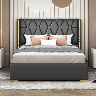 Black Leather Wingback Bed Upholstered Platform Bed with Metal Strips ...