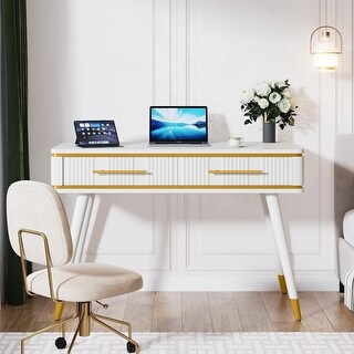 47 Inches Computer Desk, White Study Writing Table with 2 Drawers - Bed ...