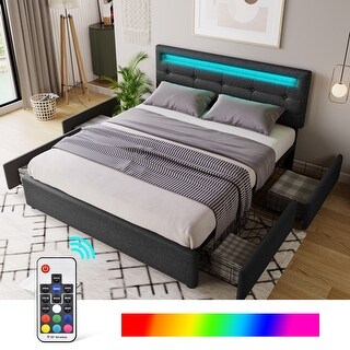 Linen LED-Lit Platform Bed with Adjustable Height Headboard, 4 Storage ...