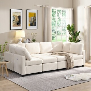 Beige U-Shaped Sectional Sofa Bed with 2 Footstool 3 USB Ports - Bed Bath & Beyond - 41767593