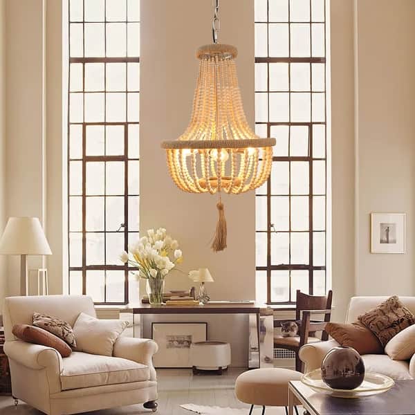 3-Light Wood Bead Chandelier Hemp Ropes Ceiling Pendant Light Fixture ...