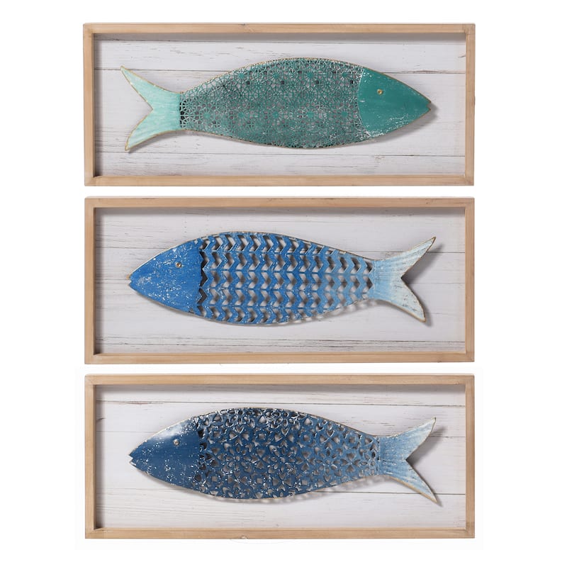StyleCraft School of Three Blue Metal Fish Wood Panels (Set of 3) - On ...
