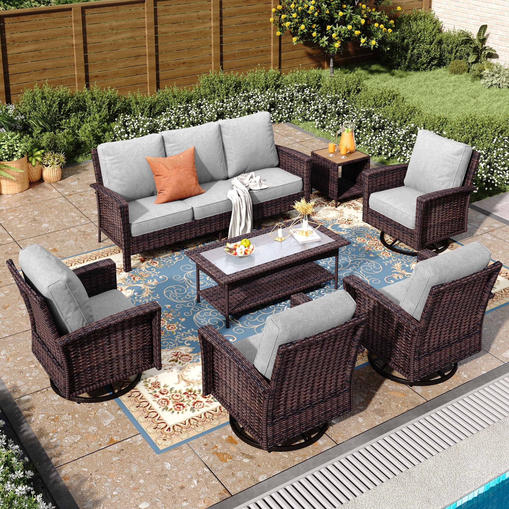 MAISON ARTS 7 Piece Extra Large Patio Wicker Sofa Conversation Set with Table Oversize Seat with 5.5 Thick Padded Cushion