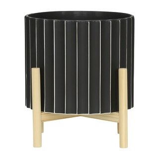 12" Ceramic Planter Black Planter Elevated on Wooden Stand with Fluted ...