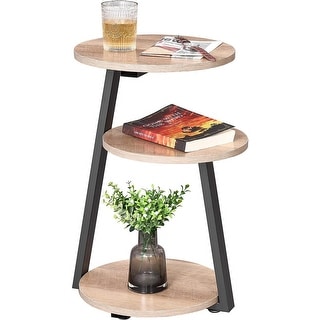 Greige Round End Table Side Table with Metal Frame, Accent Nightstand ...