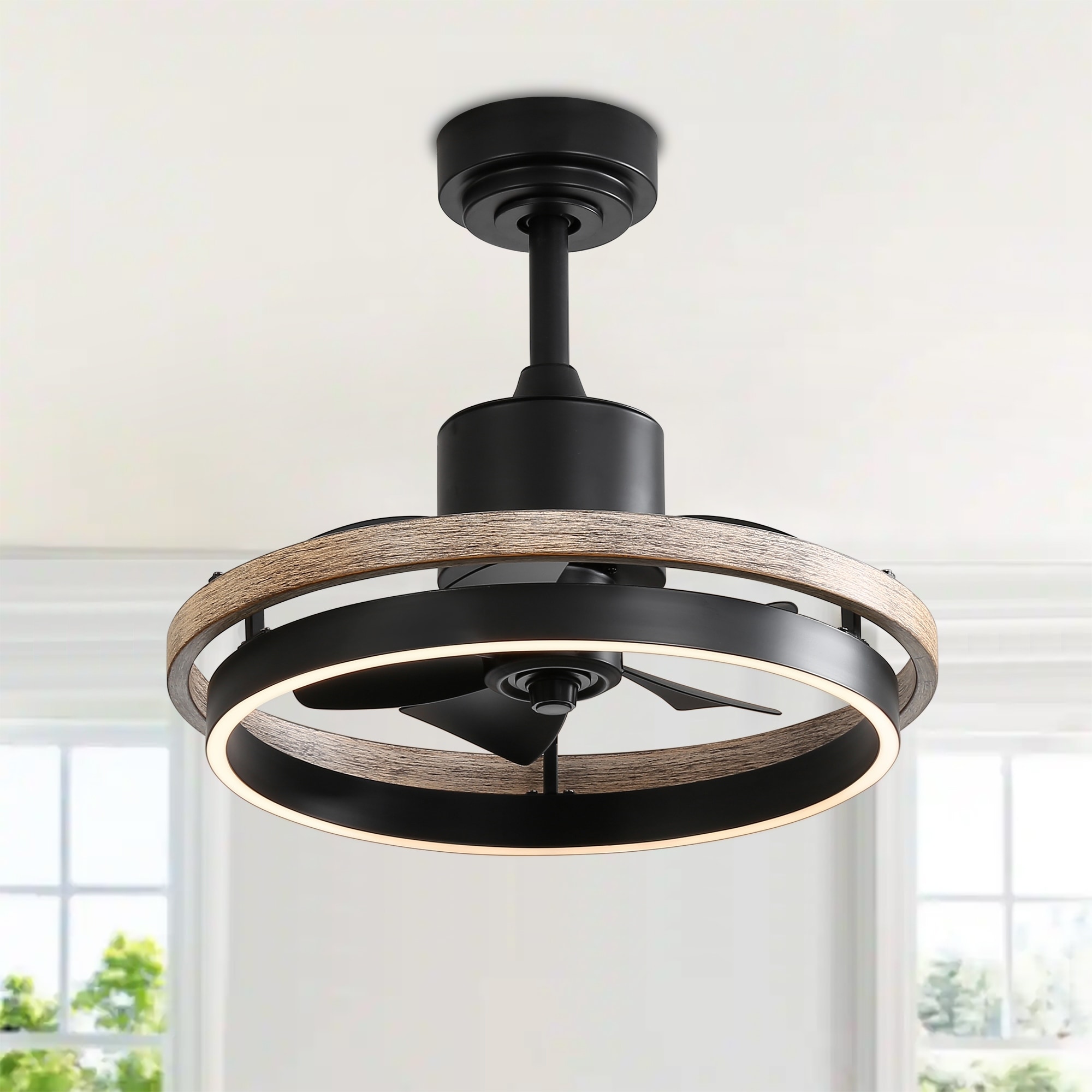 20-in Black LED Indoor Downrod Ceiling Fan with Light Remote (5-Blade ...