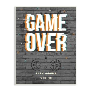 Stupell Game Over Gamer Phrase Retro Controller Brick Pattern Wood Wall ...
