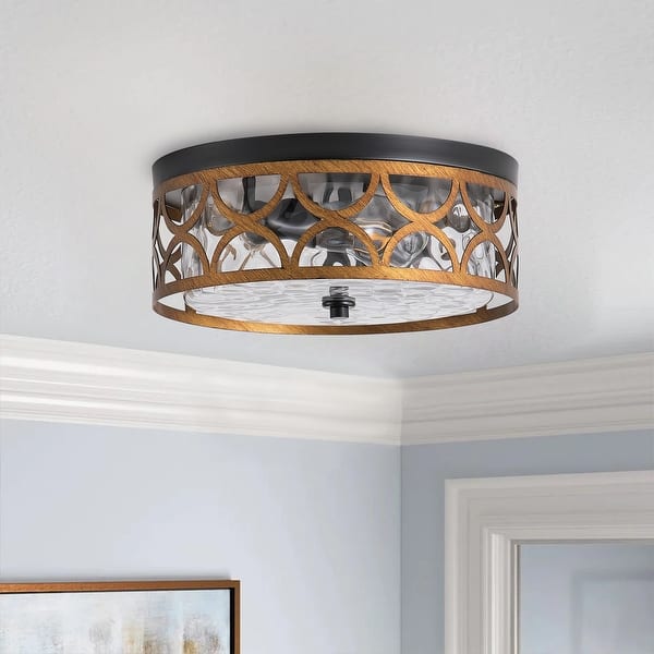 Matte Black 2-Light Rippled Glass Flush Mount Ceiling Light with ...