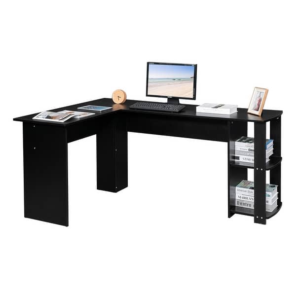 L-Shaped Wood Right-angle Computer Desk with Two-layer Bookshelves ...