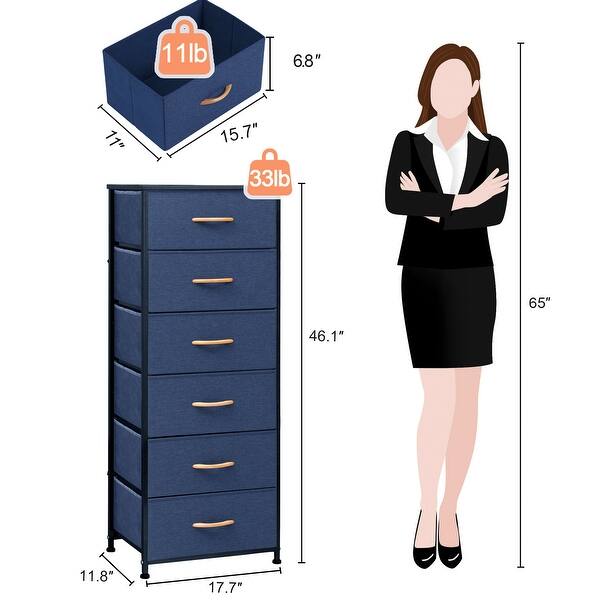 6 Drawers Chest - Vertical Storage Tower Steel / Wood / Fabric Dresser ...