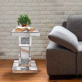 Mirrored End Table with Crystal Inlay, Modern Accent Table for Living ...