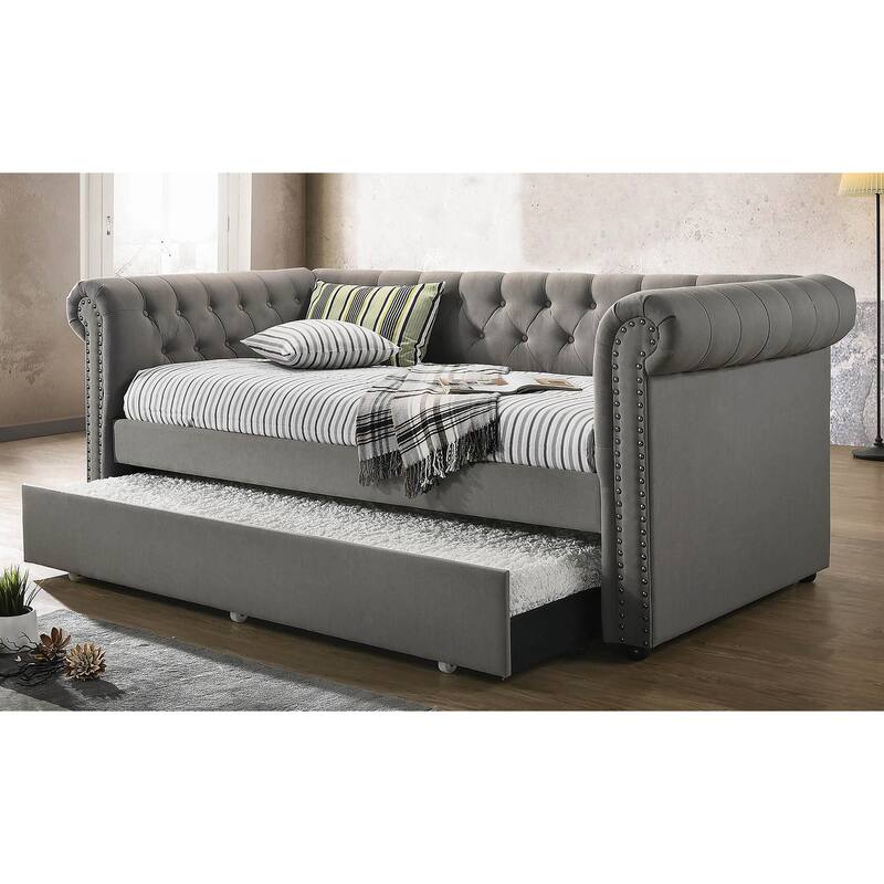 Lenox Chesterfield Button Tufted Grey Fabric Upholstered Daybed with ...