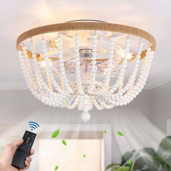 Dimmable Boho Caged Ceiling Fan with Light Flush Mount - white - Bed ...