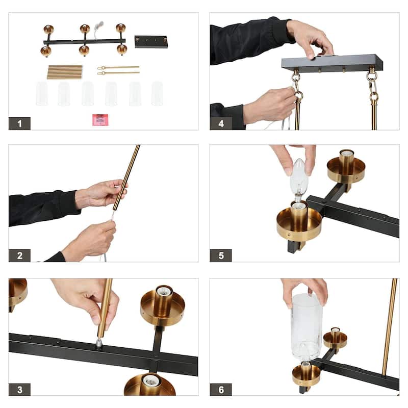 Yilia Modern Farmhouse 6-Light Black Gold Chandelier Linear Island ...