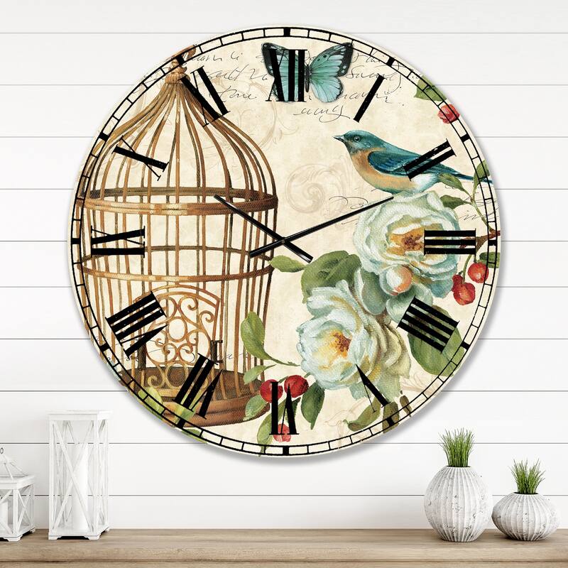 Designart 'Blue Cottage Bird, Birdcage and Apple Blossoms I' Floral and ...