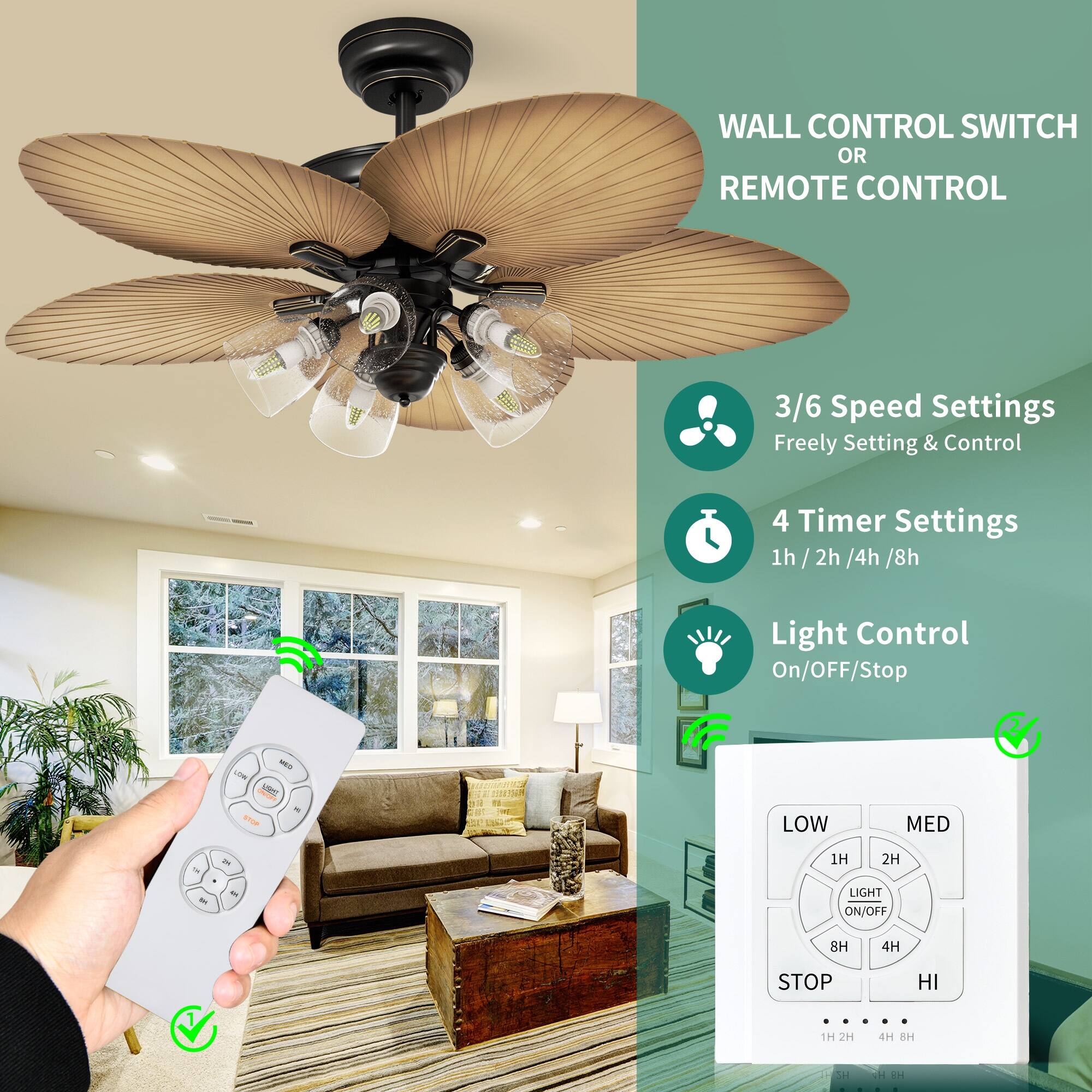 Moasis 52" Tropical Indoor/Outdoor Ceiling Fans with Remote, 5 Blades ...