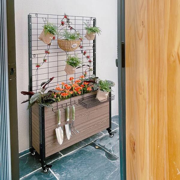 Mobile Deep Trough Planter Brown with Trellis and Basket & Hook Set ...