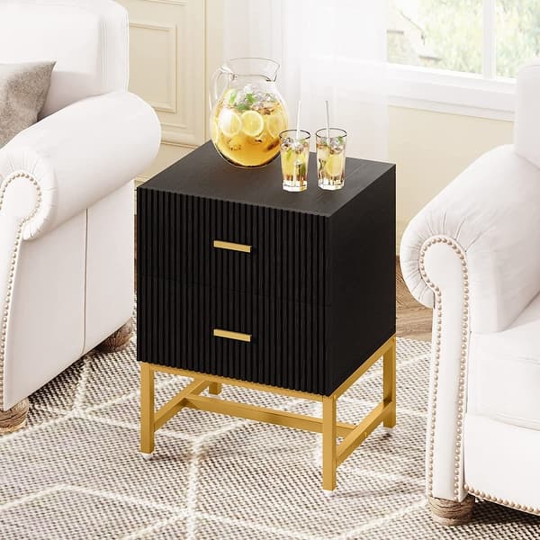 2-Drawer Nightstand, Modern Black and Gold Bedside Table for Bedroom ...