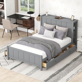 Grey Full Size Platform Bed with Drawers and Storage Shelves - Bed Bath ...