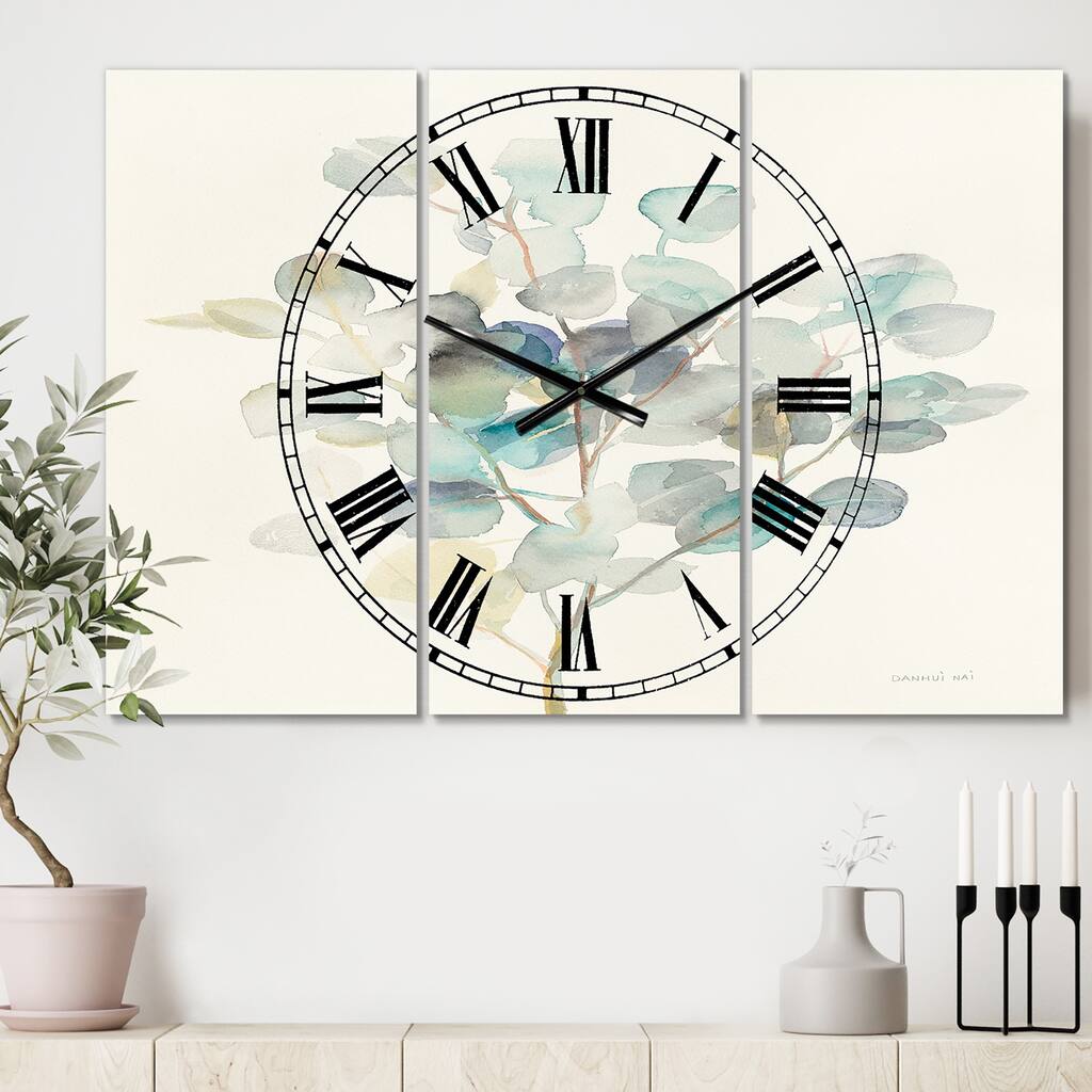 Designart 'Eucalyptus leaves I' Cottage 3 Panels Oversized Wall CLock ...