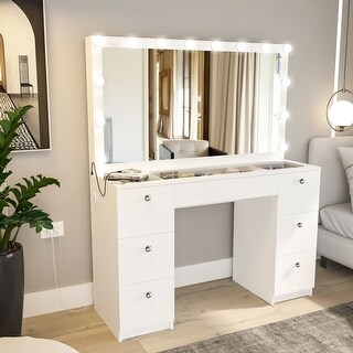 Ibbie Modern Black Painted Vanity Table, USB Port, Lights, for Bedroom ...