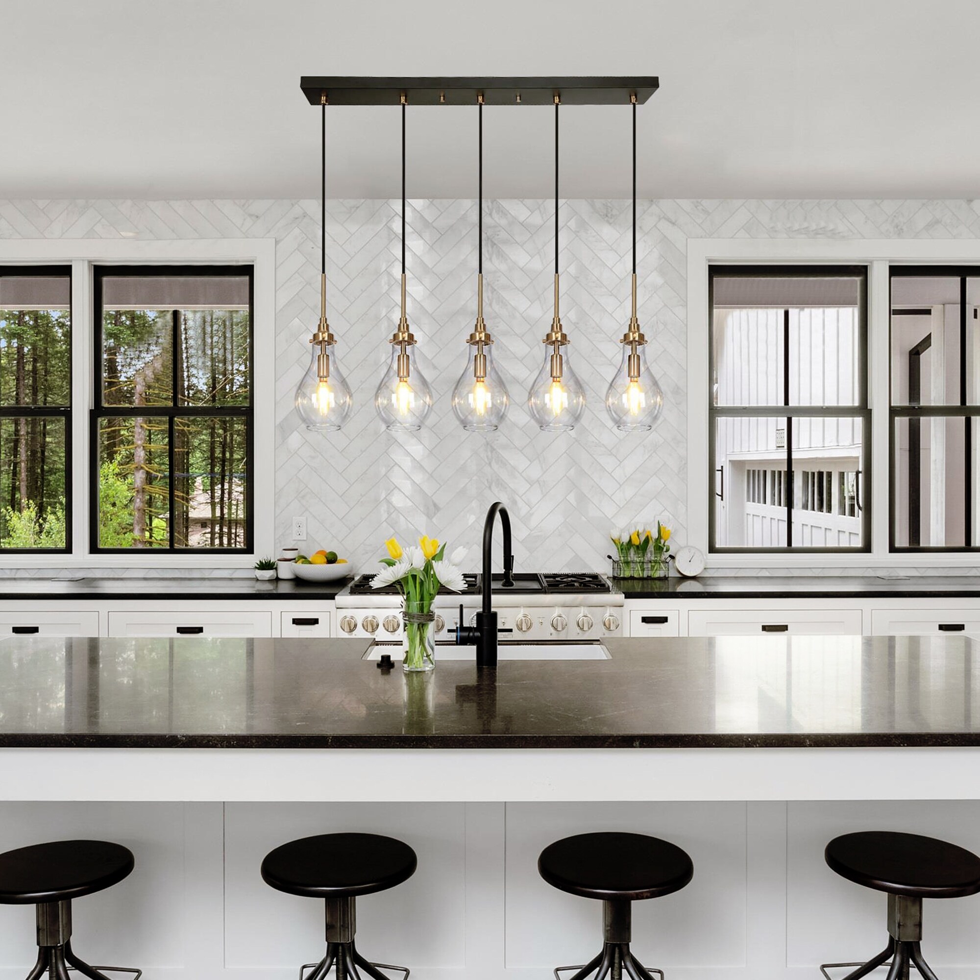 Synia Mid-century Modern Black Gold Linear Chandelier 5-Light Bar ...