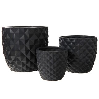 Luna 7.5 Inch Round 3 Piece Ceramic Pot Set with Diamond Pattern, Black ...