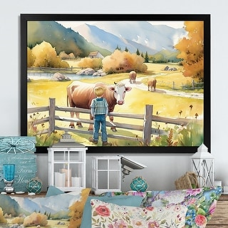 Designart "Children On A Farm I" Farm Landscape Framed Canvas Art Print ...