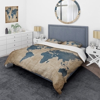 Designart "Ancient Map of The World II" Blue Modern - Bedding Cover Set ...