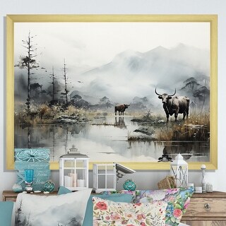 Designart "Asian Art Cow Sumi XII" Asian Framed Wall Art Living Room ...