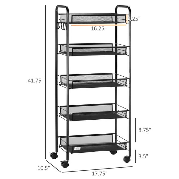 HOMCOM 5 Tier Utility Rolling Cart, Metal Storage Cart, Kitchen Cart ...