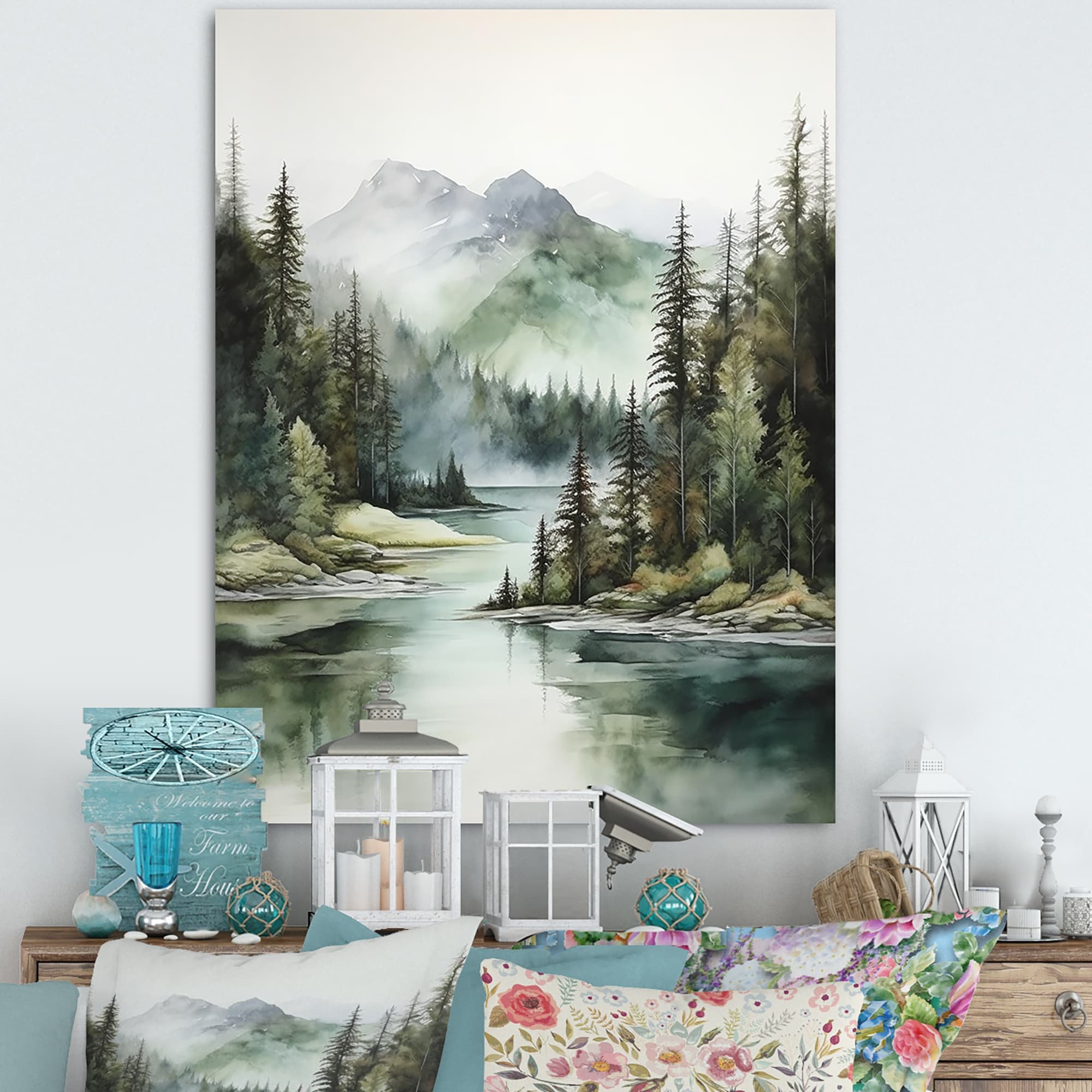 Designart "Grey And Blue Abstract Lake Painting" River Wall Art Canvas ...