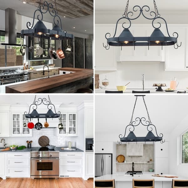 2-Light Antique Zinc Finish Pot Rack Kitchen Island Chandelier - On ...