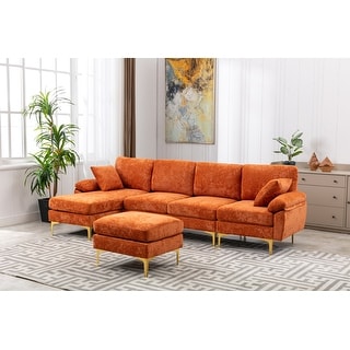 4-Person Sectional Sofa Polyester Padded Seat Chaise Accent Sofa with ...